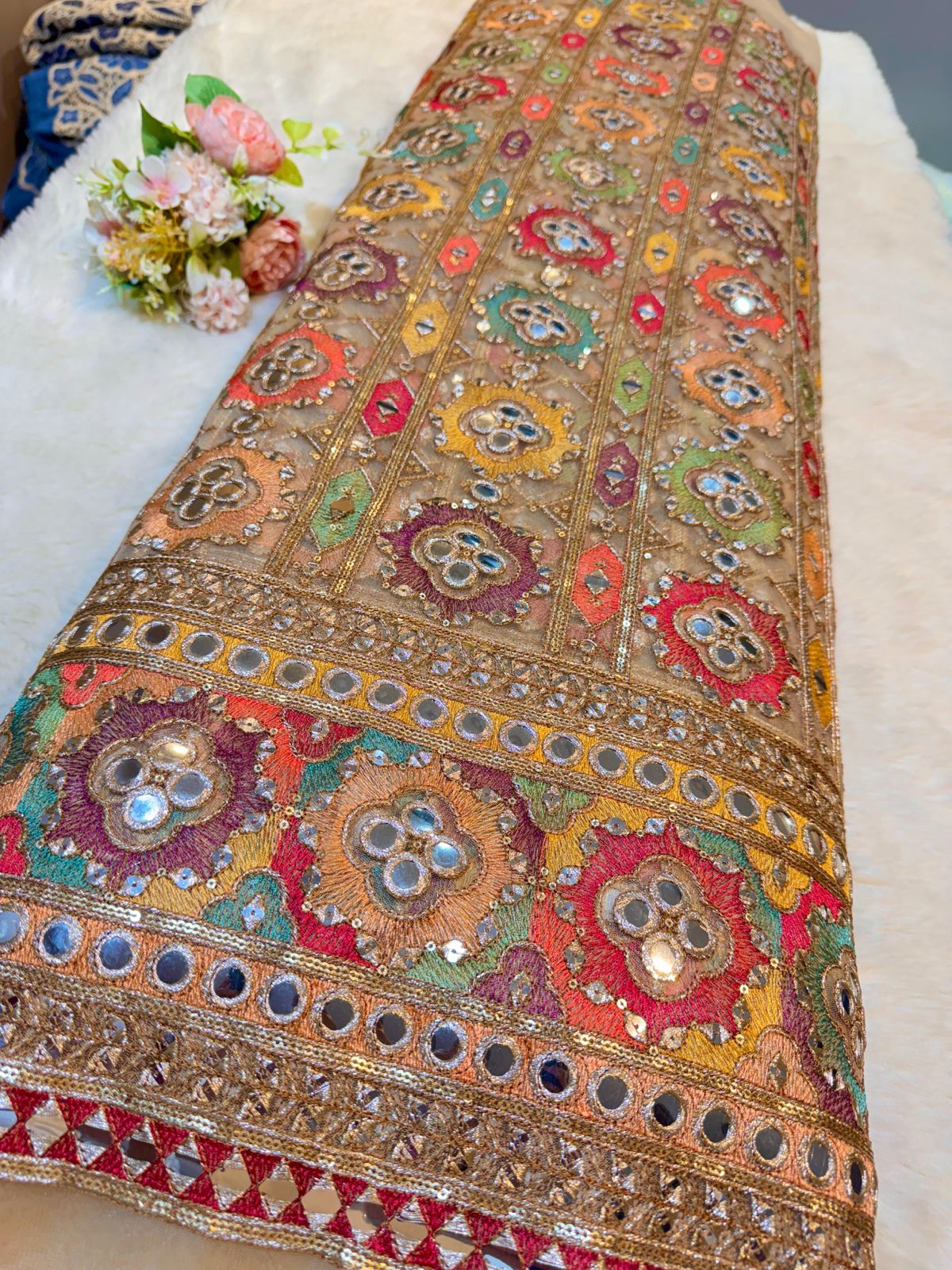 Gulbagh Mirror And Threadwork Nets 48 inch width Beige color base – Fabric Forever