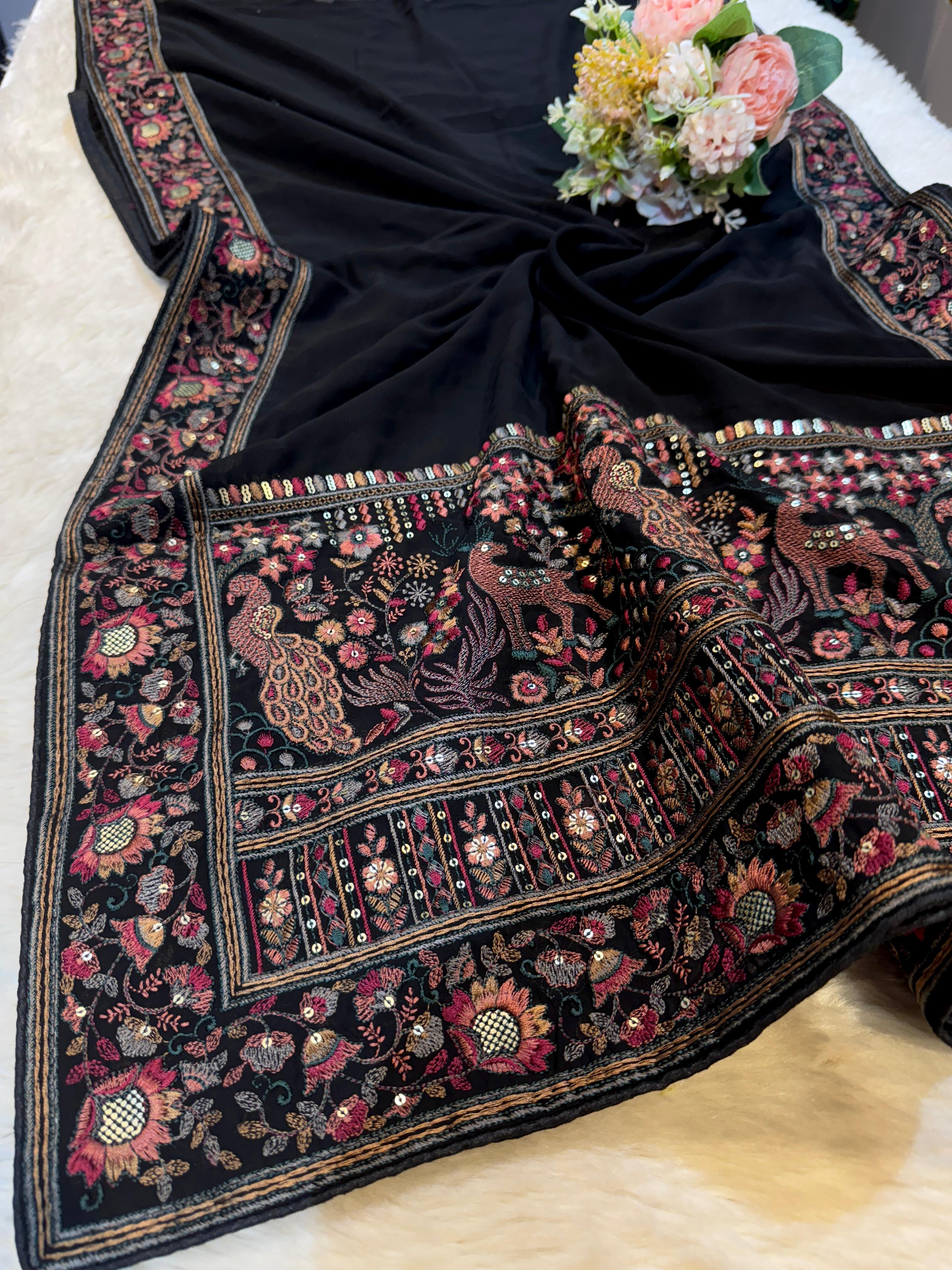 Georgette Shikargarh Stoles With Peacock And Deer Work 2.20 Meter Leng ...