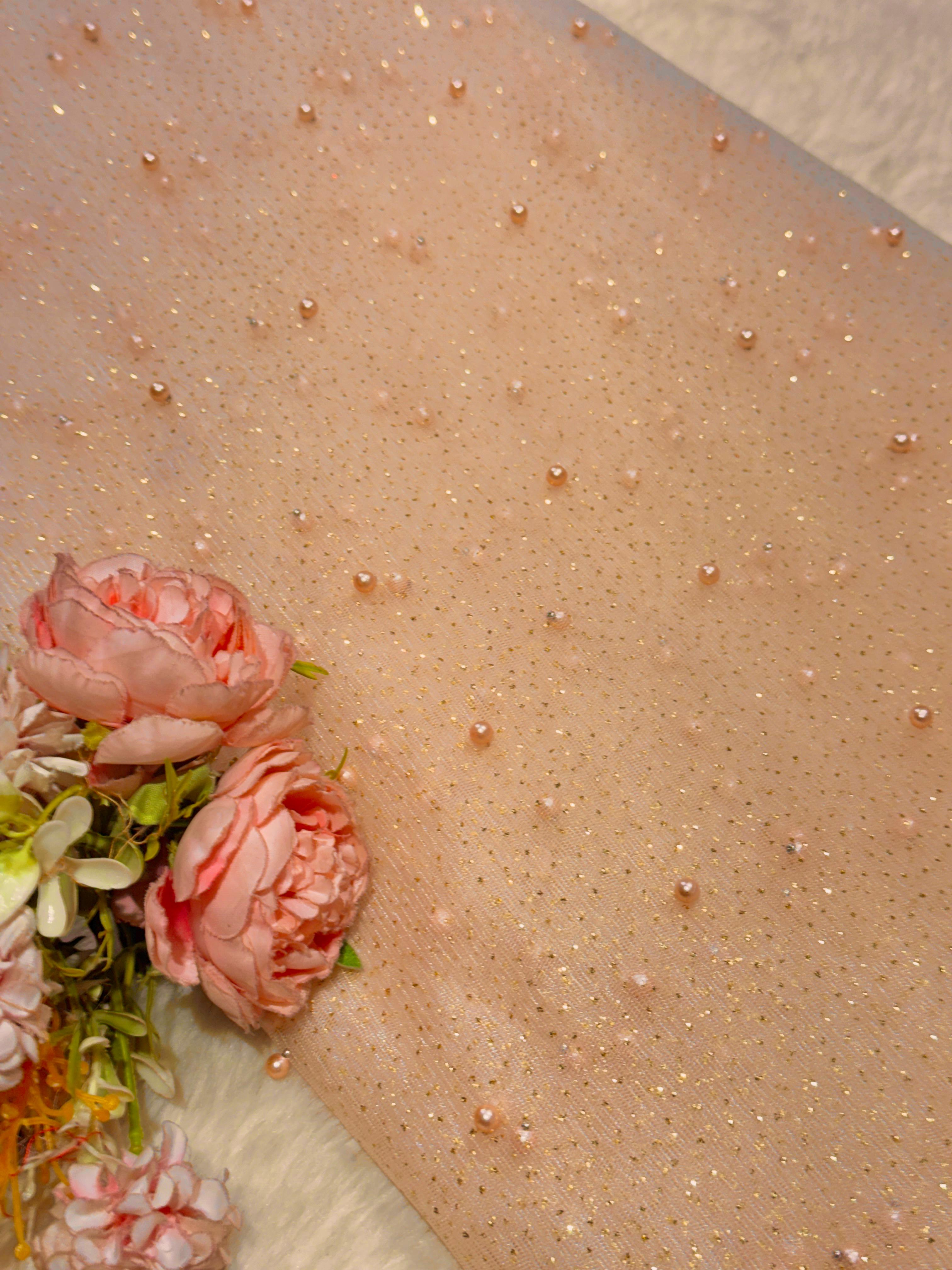 Peach Imported Pearl And Glitter Nets Embroidery 54 inch width (Shade ...