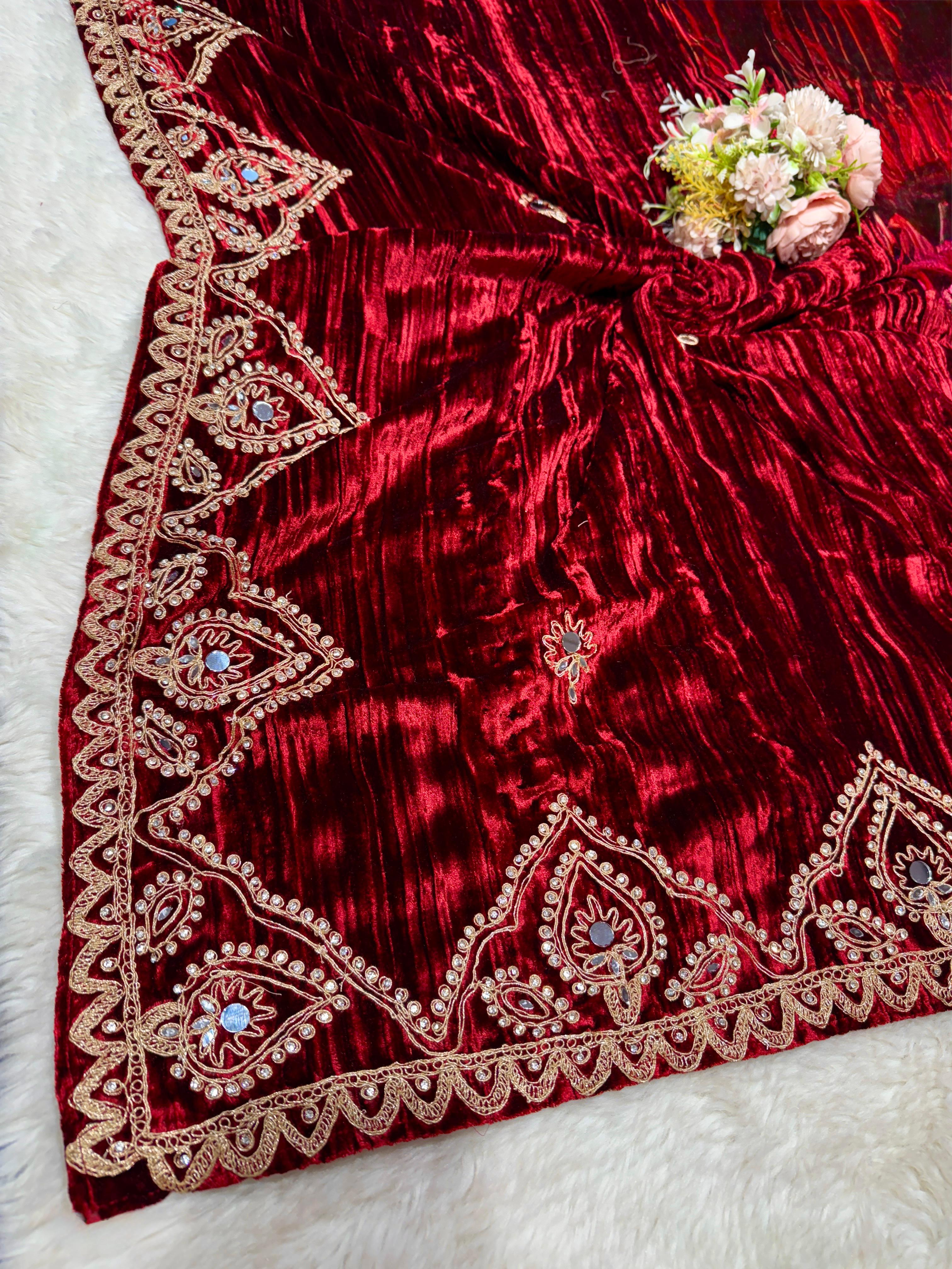 Maroon Crush Velvet Real Mirror Handwork Dupatta 2.50 meter length(R1 ...