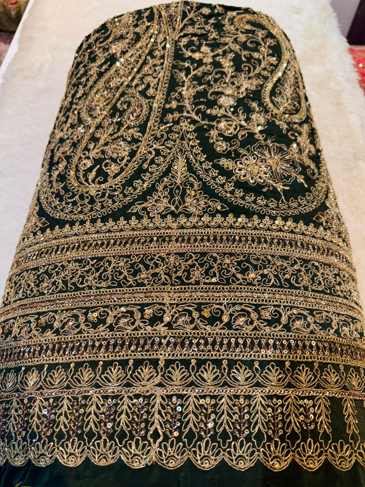 Bottle Green Sana Pure Crape Embroidery Paisley Design 48 inch width ...