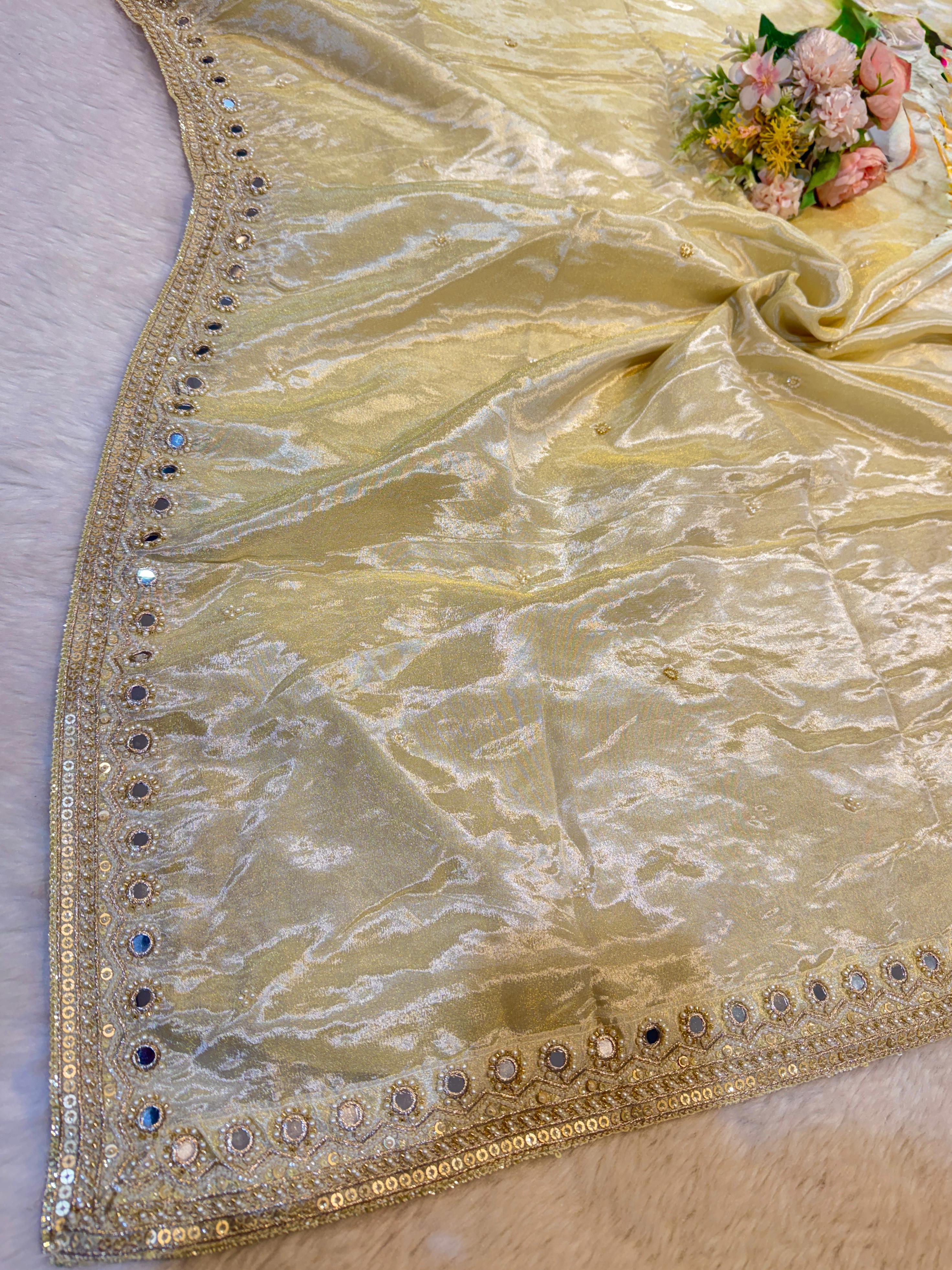 Mehz Zari Tissue Handwork Dyeable Dupatta with Four Side Mirror Cutdan ...