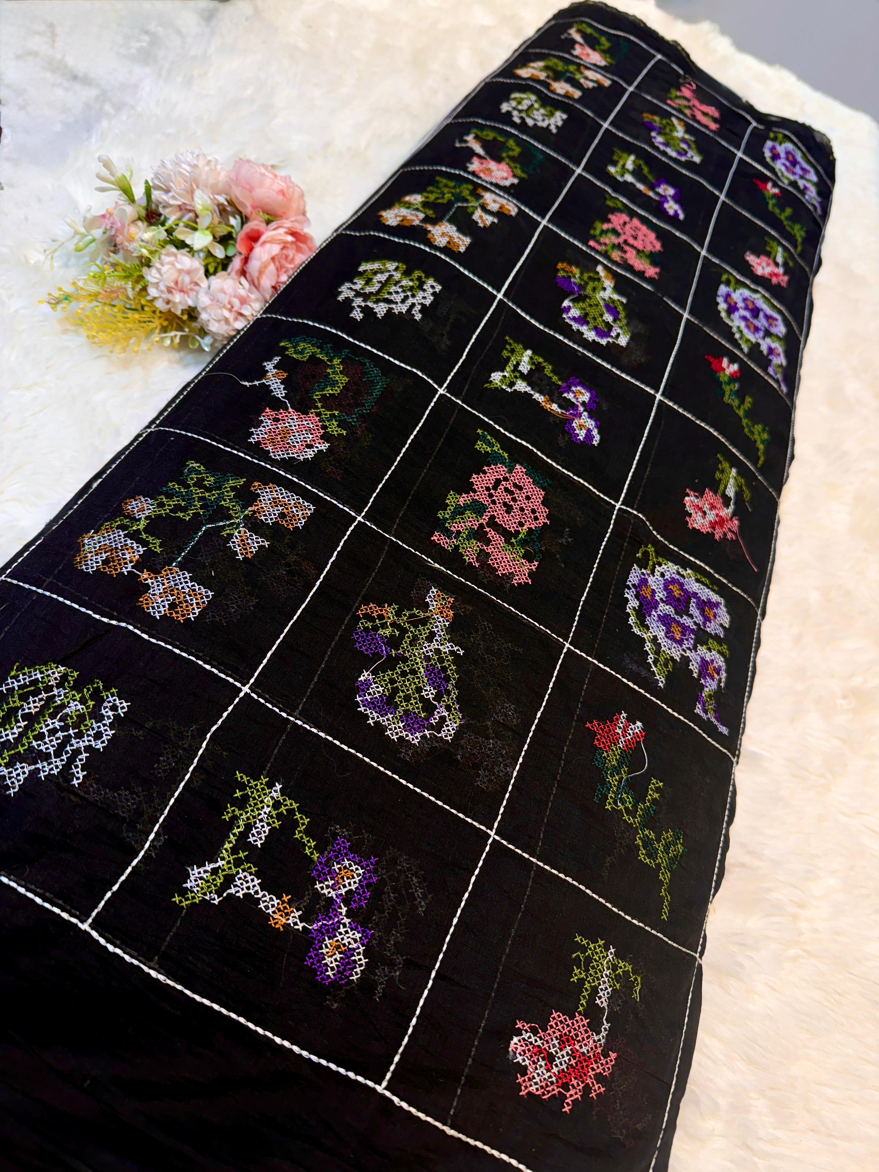 Black Pure Mul Chanderi Embroidery Tatami Stich Work 44 inch width (P ...