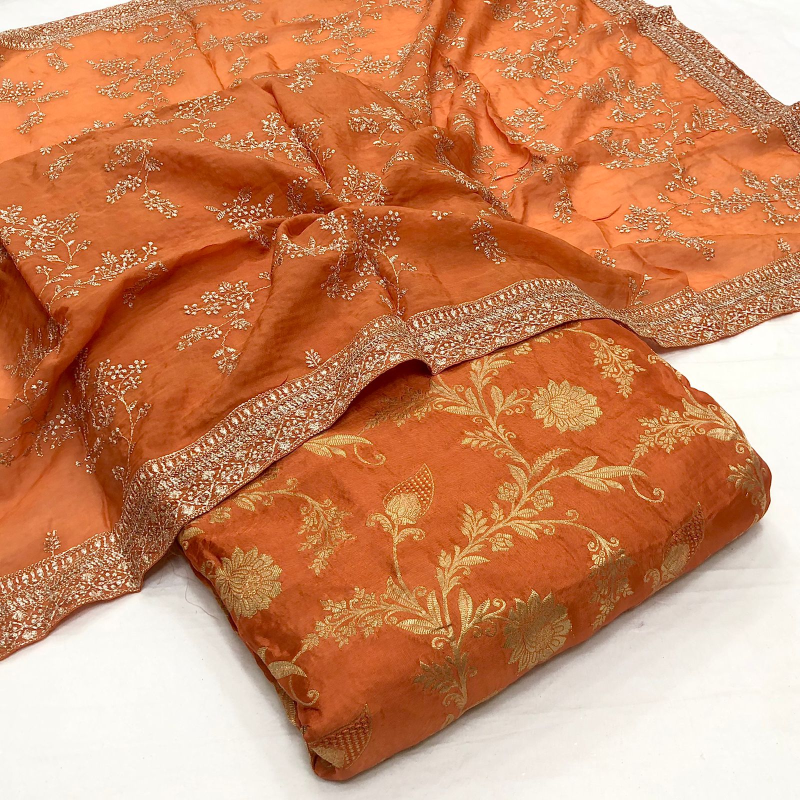 Rust Orange Pure Crape Brocade with Pure Viscose Organza Dupatta Suit ...