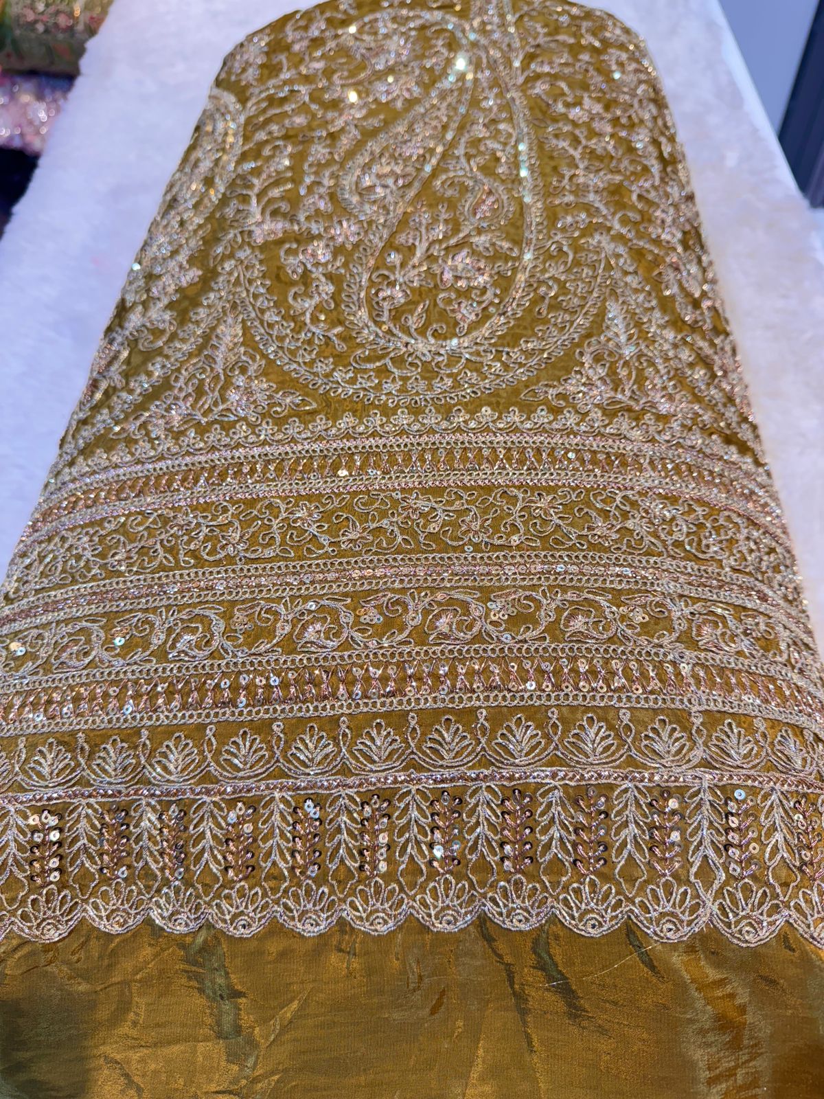 Mehndi Green Sana Pure Crape Embroidery Paisley Design 48 inch width ...