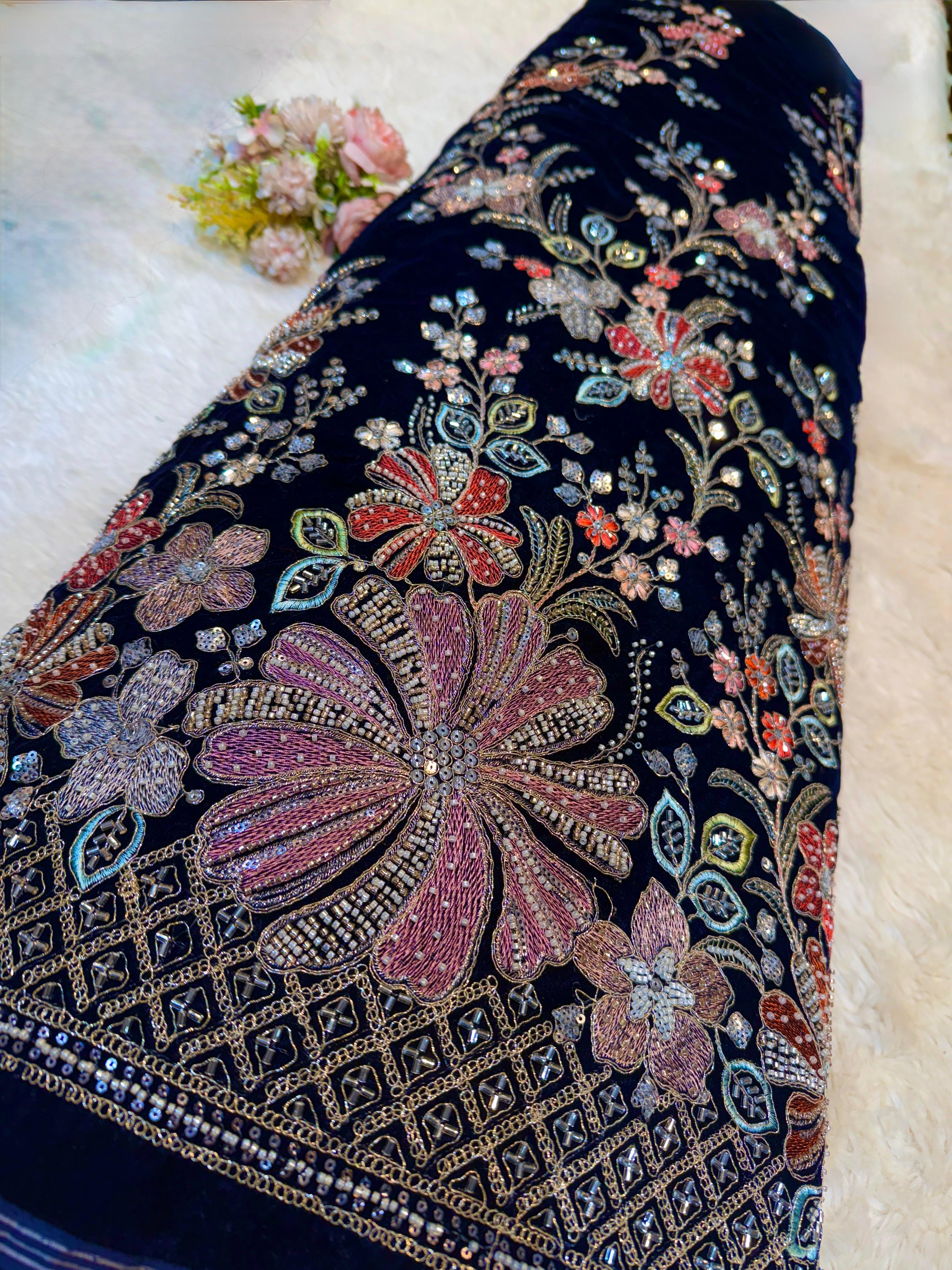 Mannat Navy Blue Velvet Handwork Embroidery 48 inch width (P) – Fabric ...