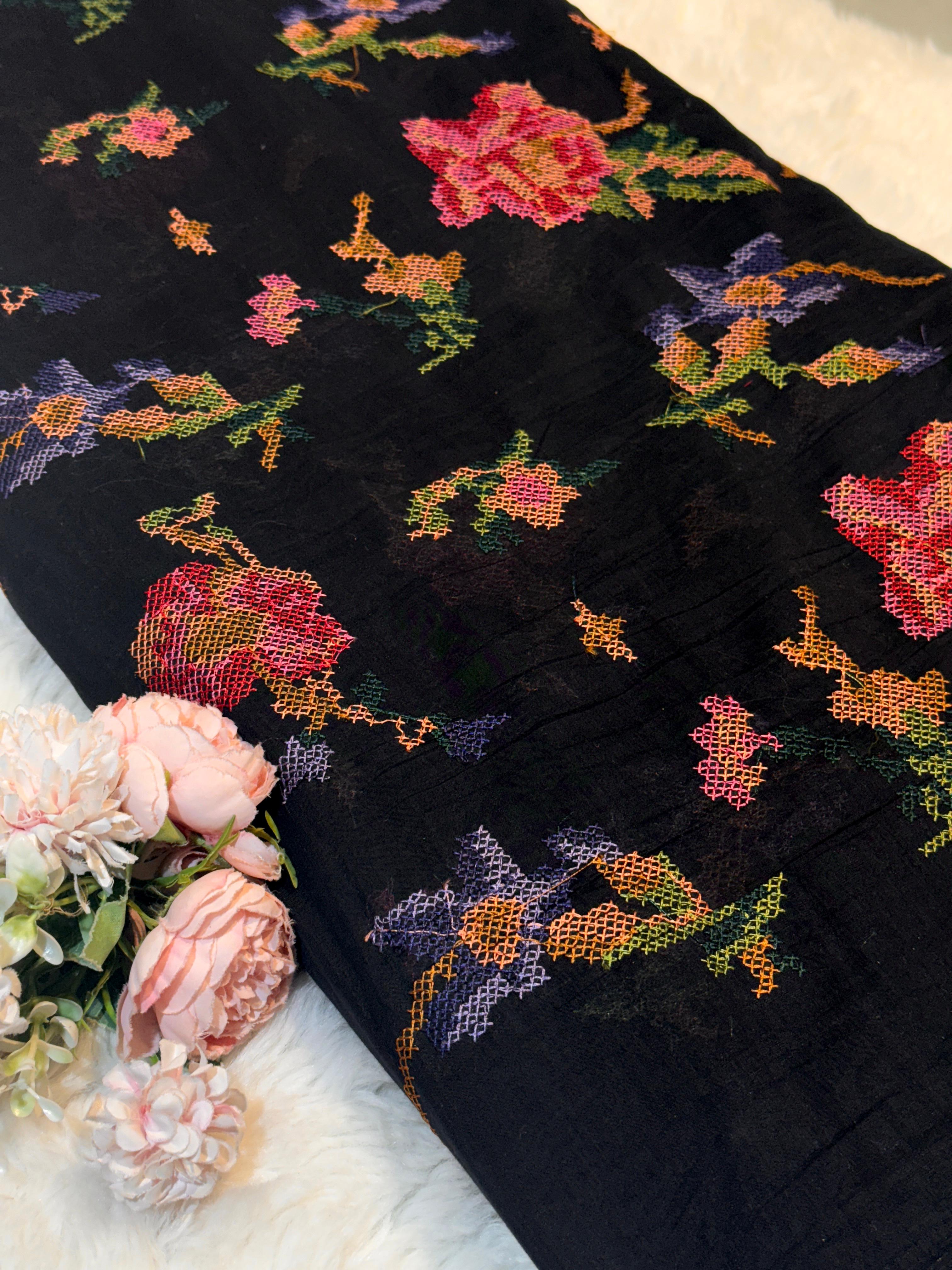 Black Pure Mul Chanderi Tatami Stich Embroidery 44 inch width – Fabric ...