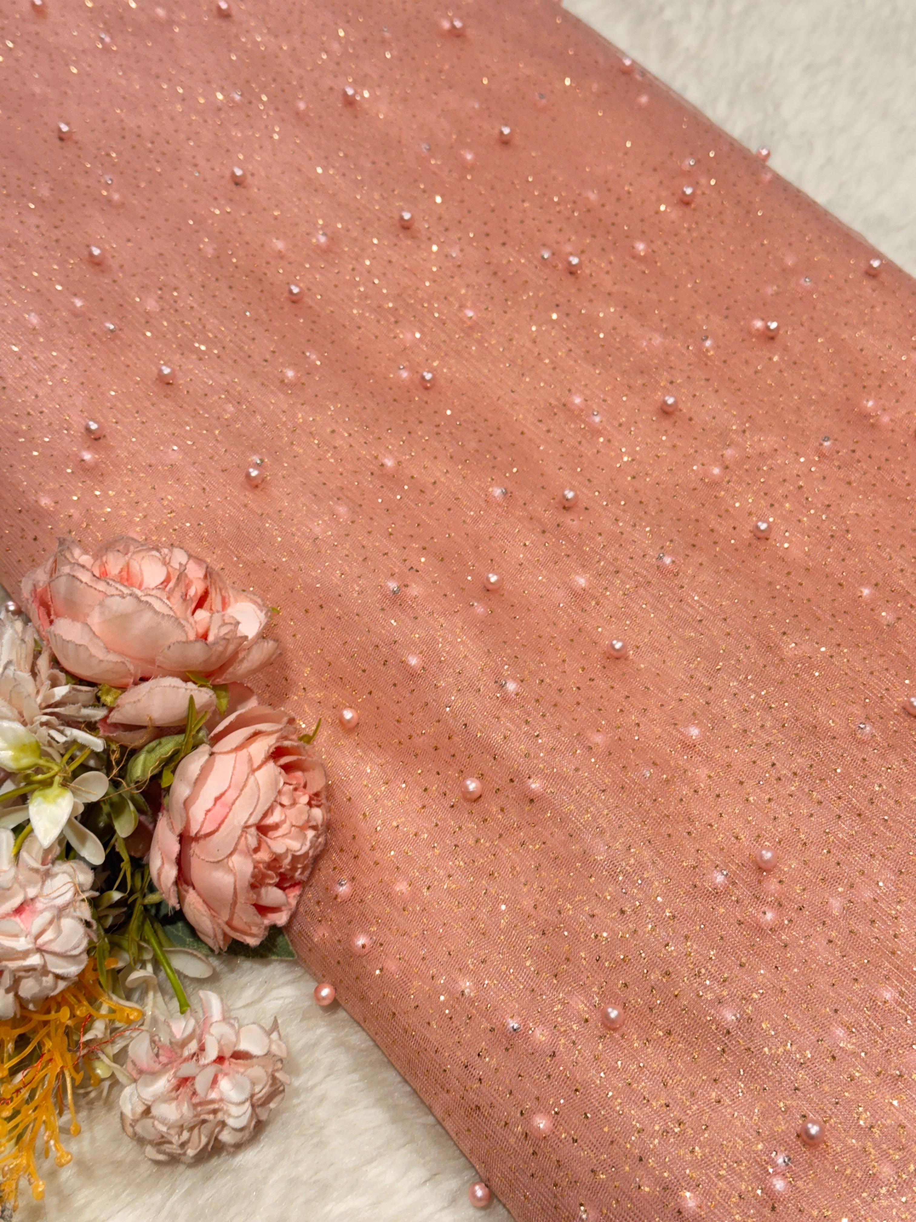 Peachish Pink Imported Pearl And Glitter Nets Embroidery 54 inch width ...