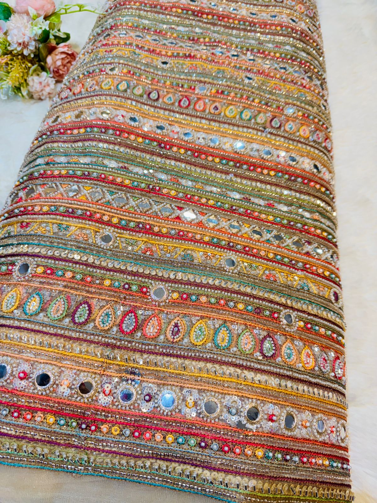 Nazakat Net Handwork Embroidery 44 inch width Stripe Pattern Beige Col ...