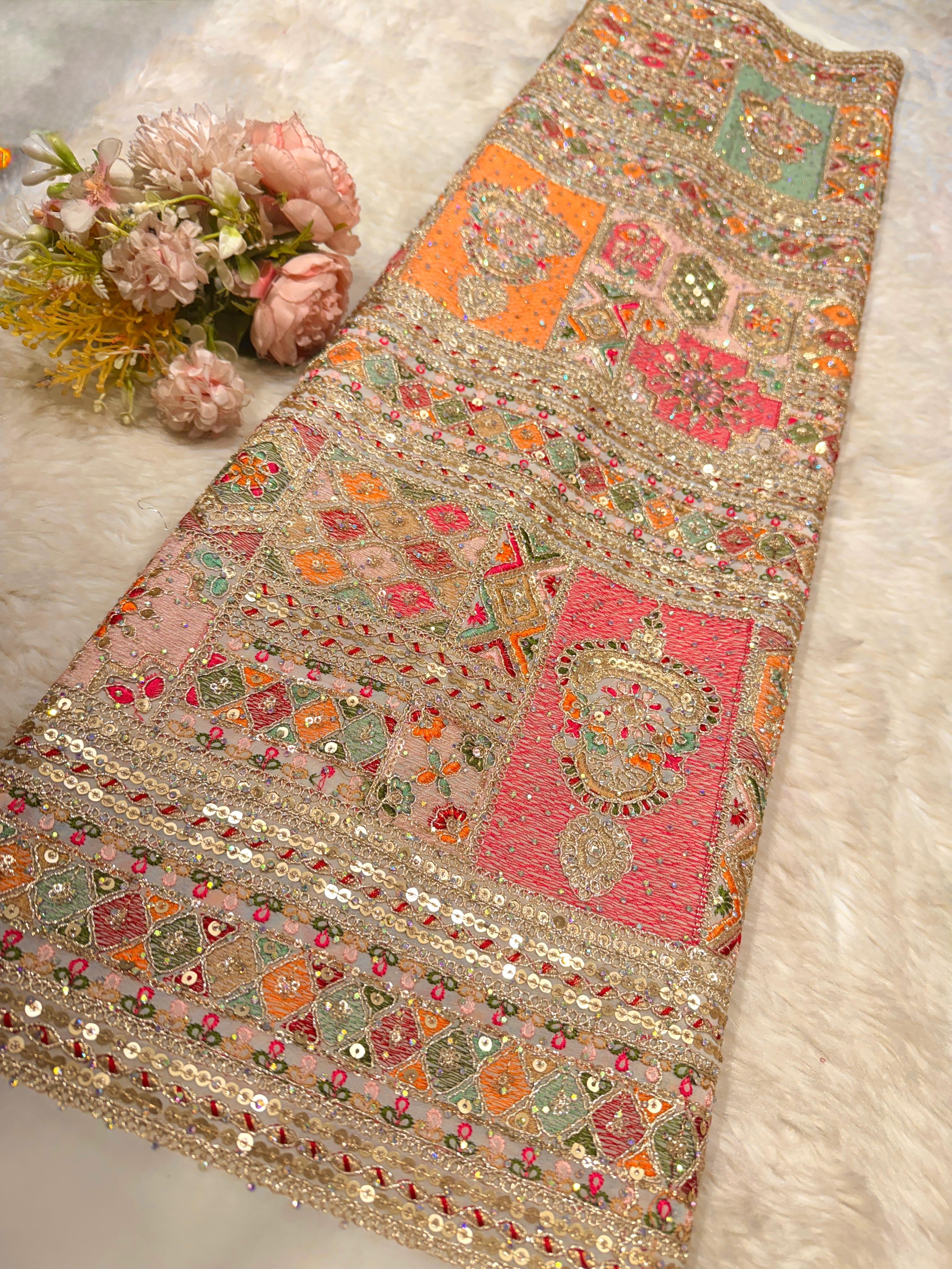 Zihu Pro Georgette Handwork Embroidery with Stone , Thread and Sequins ...