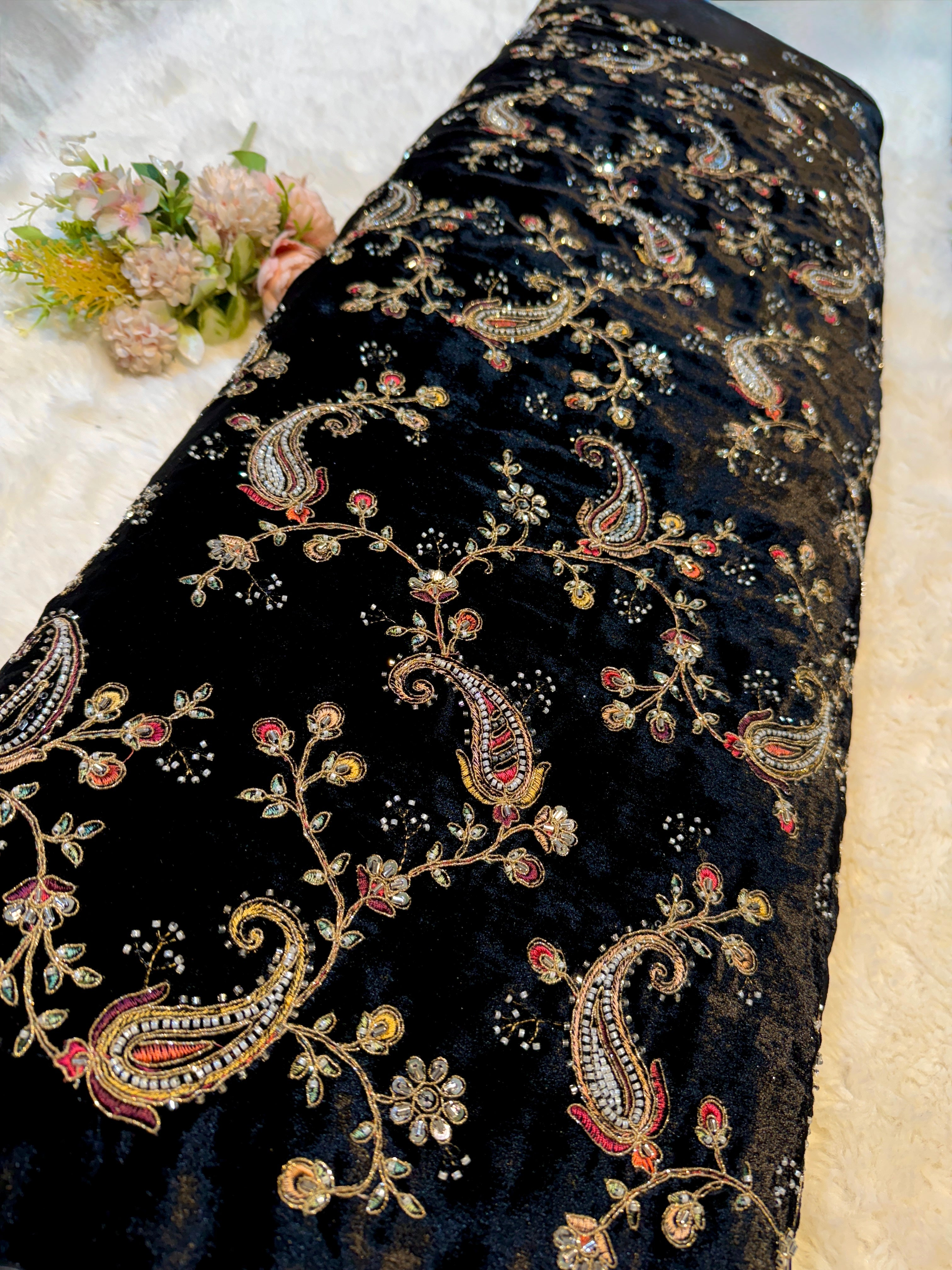 Farhan Paisley Lite Black Velvet Handwork Embroidery 44 inch width ...
