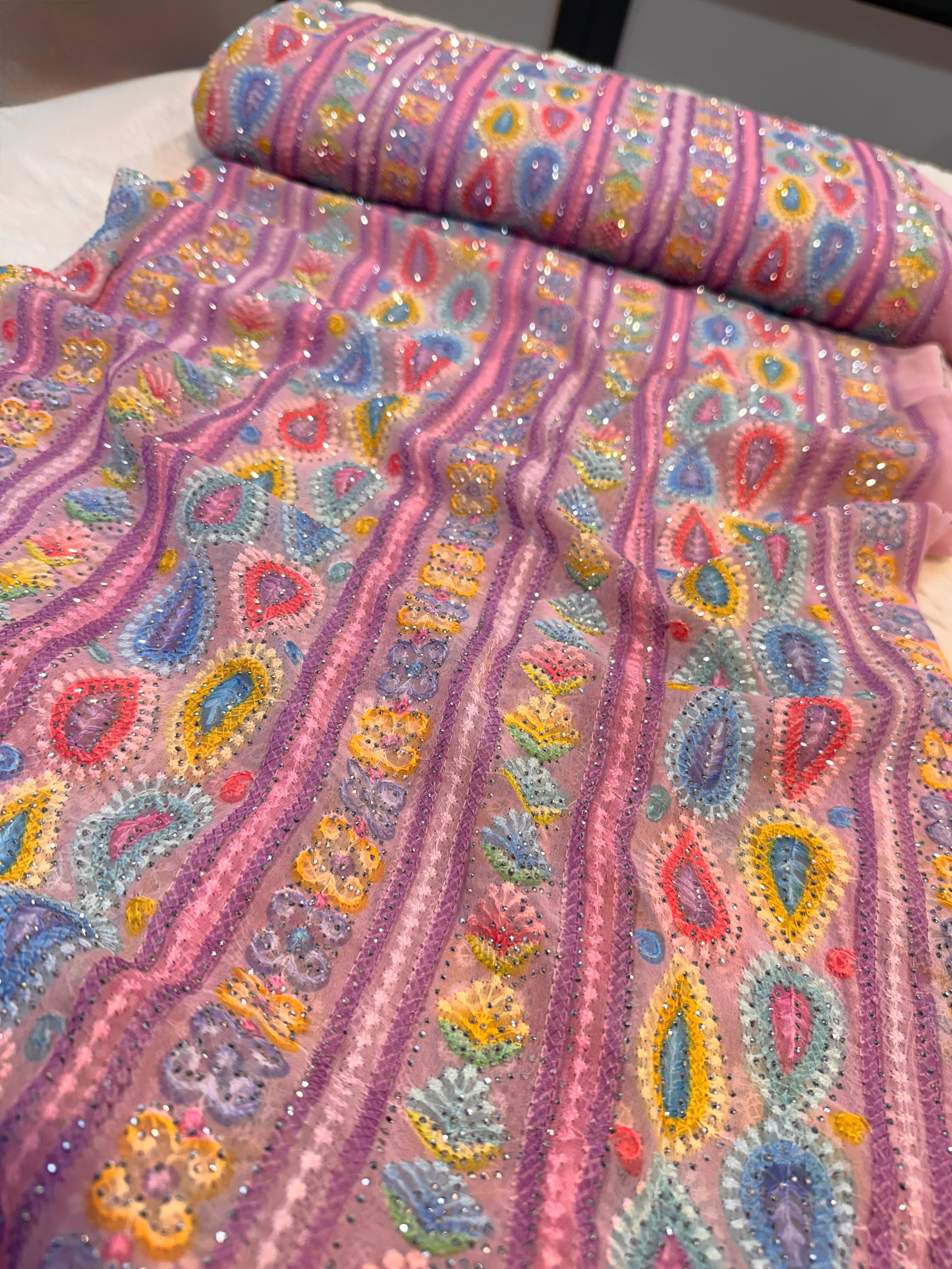 Pink Luxury Kimono Lite Georgette With Real Stone Handwork 44 inch wid ...
