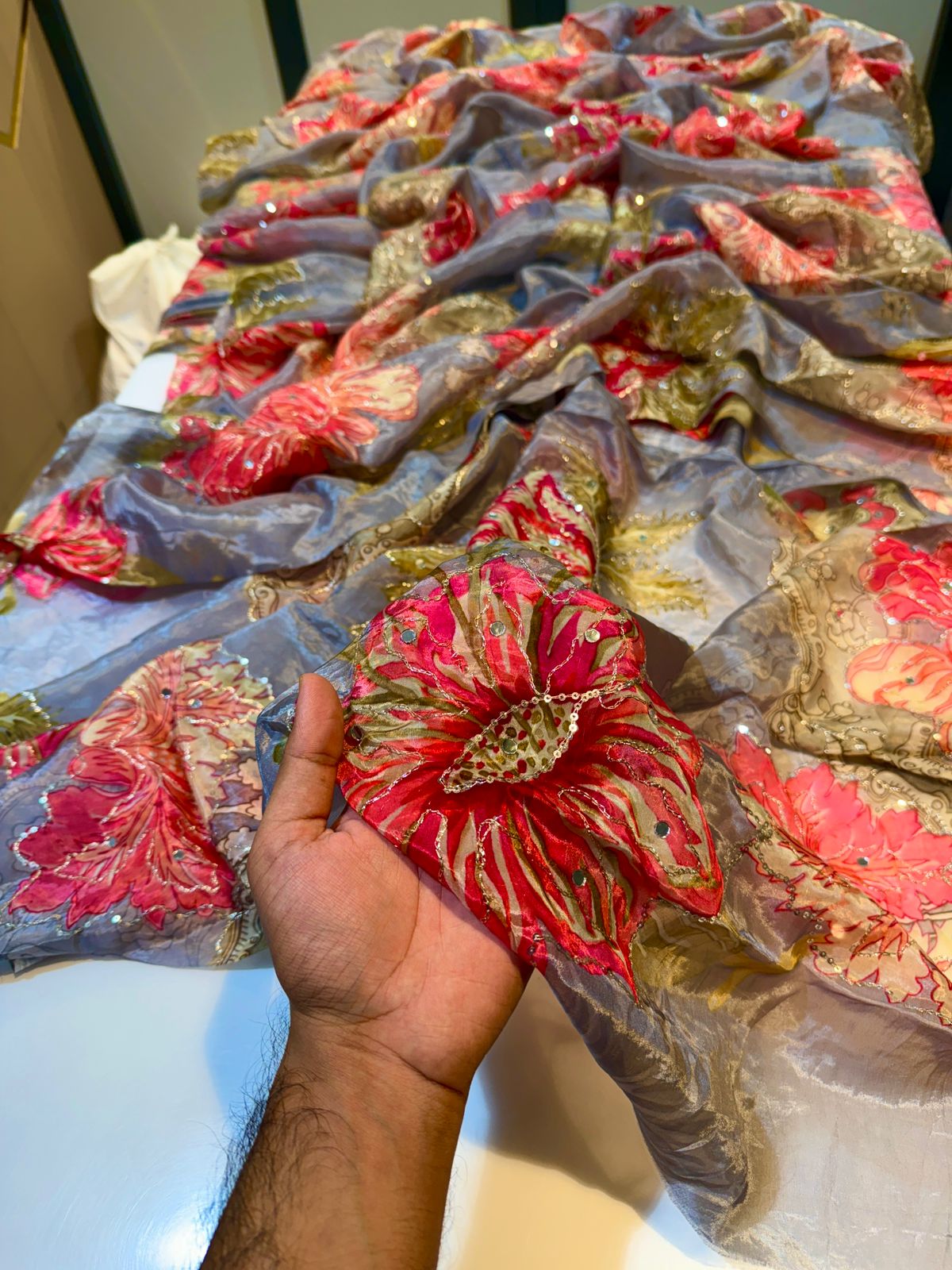 Satin Organza Print with Mirror Handwork Embroidery 44 Inch width ...