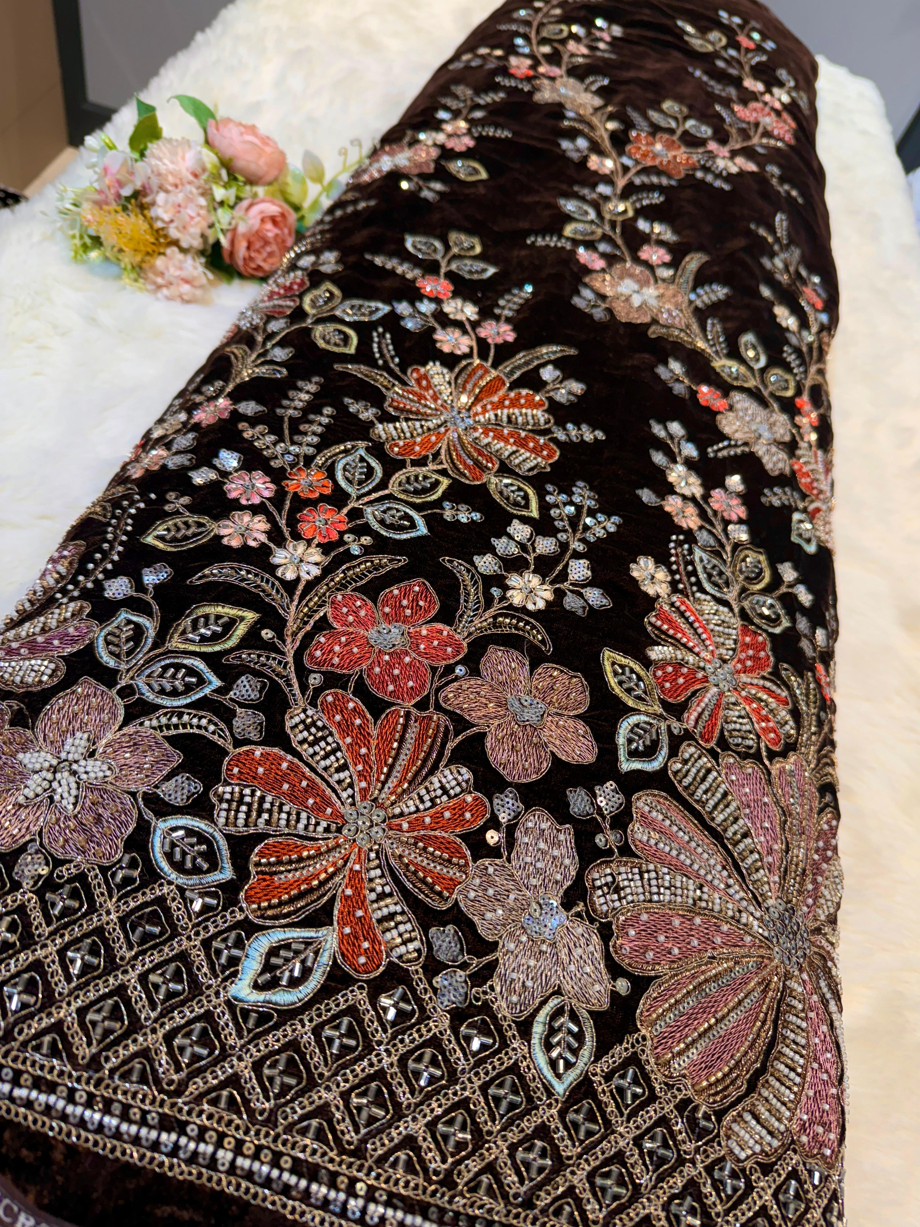 Mannat Brown Velvet Handwork Embroidery 48 inch width (P) – Fabric Forever