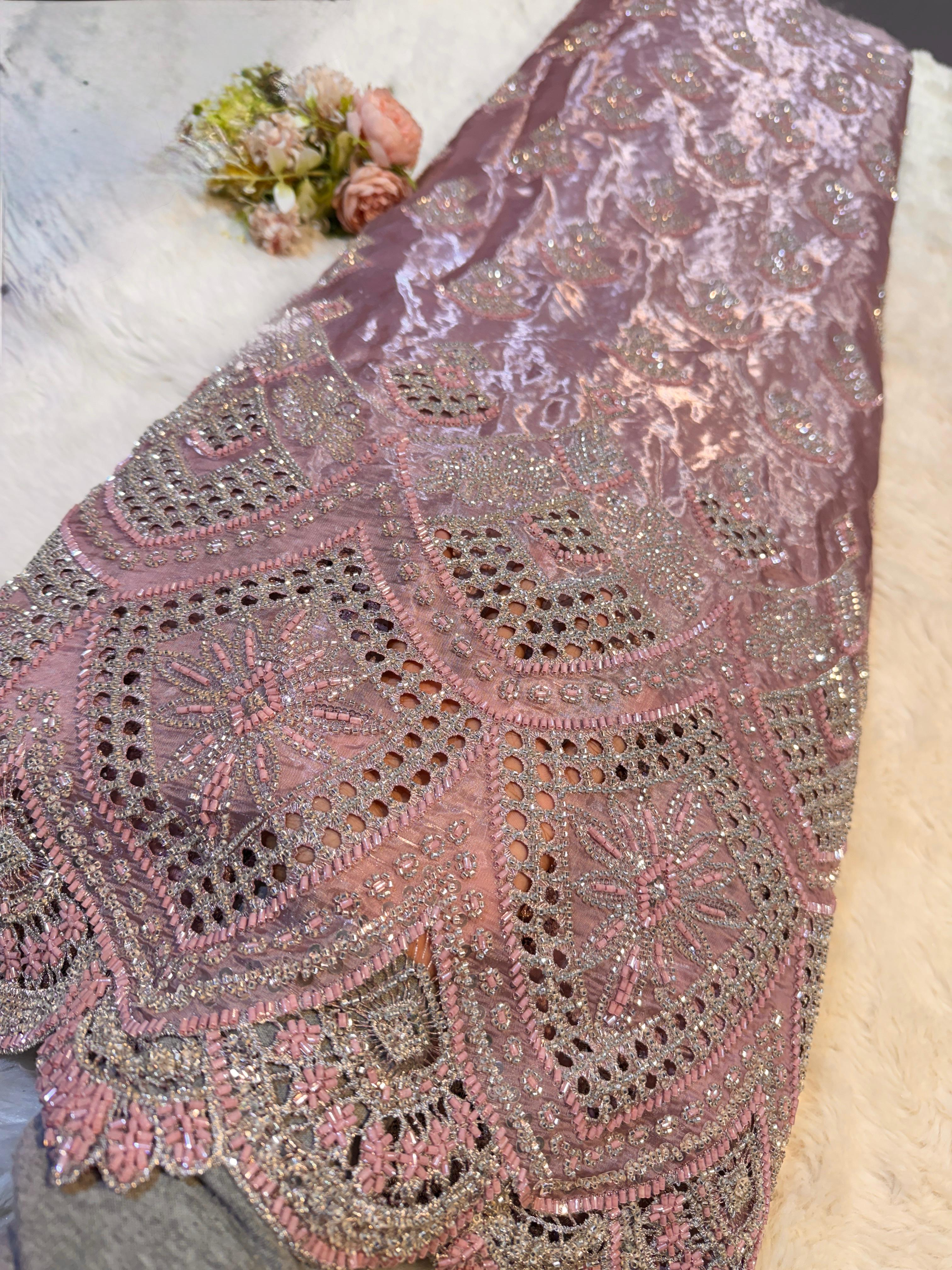 Onion Pink Satin Organza Handwork Embroidery With Cutdana Work And Sca ...