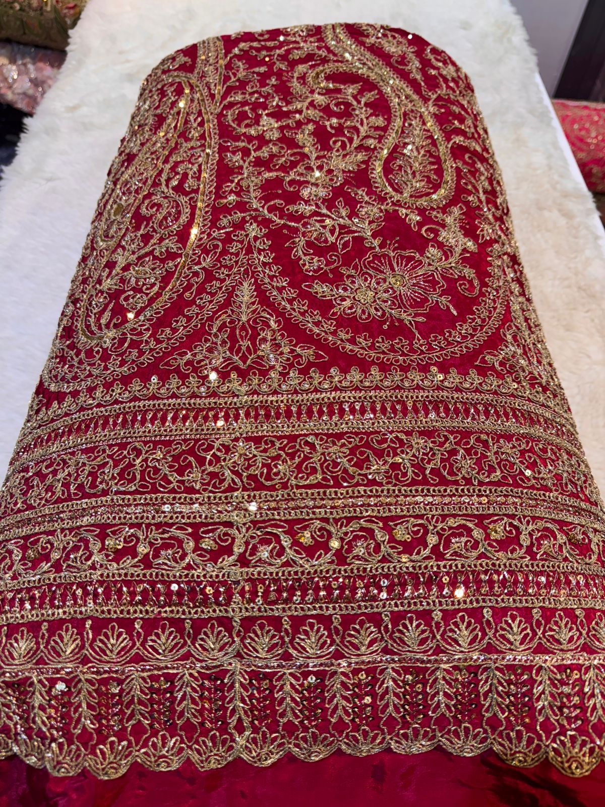 Red Sana Pure Crape Embroidery Paisley Design 48 inch width – Fabric ...