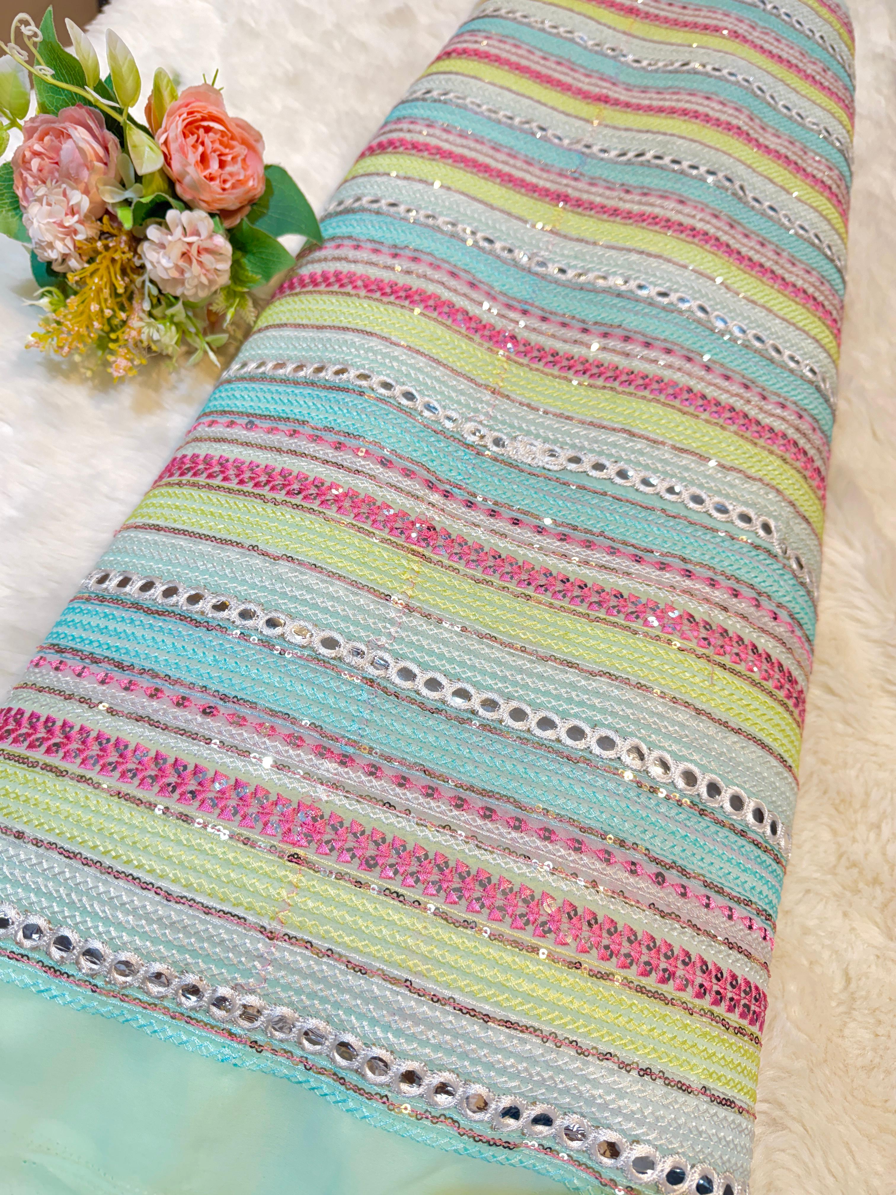 Aqua Green Georgette Thread And Mirror Stripe Embroidery 44 Inch Width ...