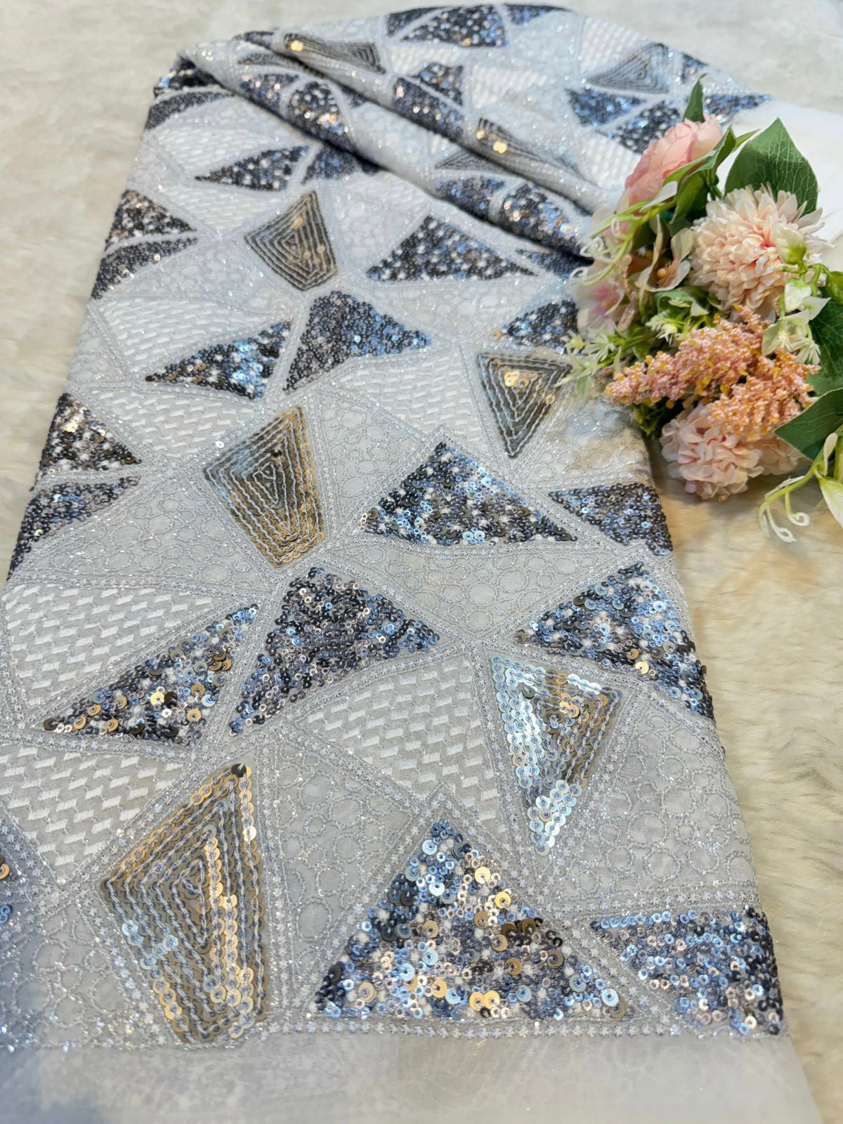 (Precut of 1 Meter)Silver Pure Viscose Georgette Prism Embroidery With ...