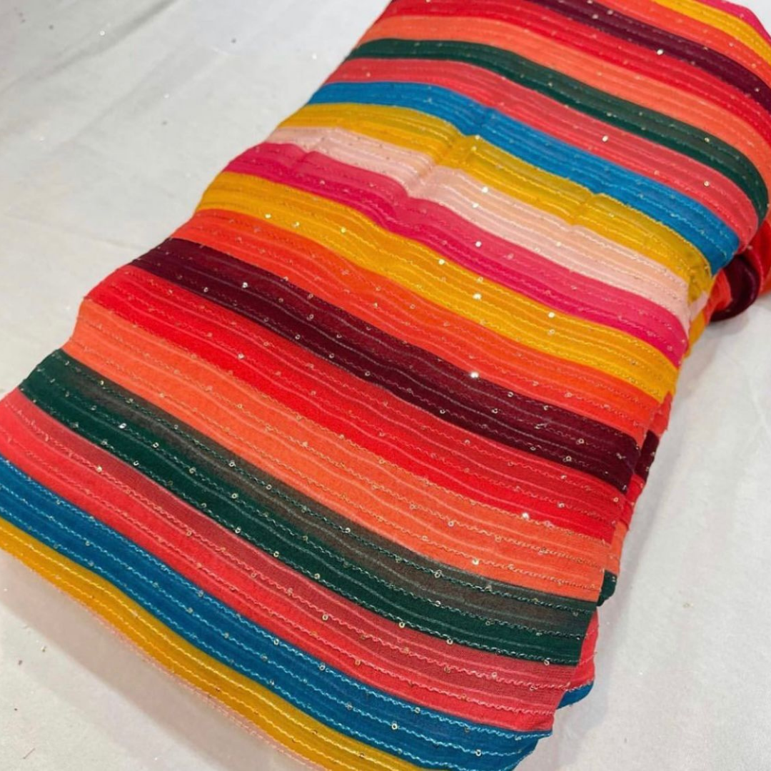 Georgette Multi Stripe Embroidery with Thread and Sequins Work , Width ...